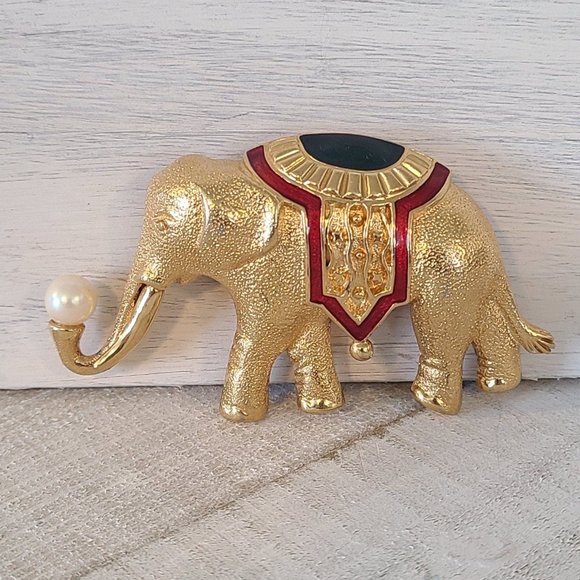 Monet | Jewelry | Vintage Monet Elephant Brooch Pearl Trunk Red Blue ...